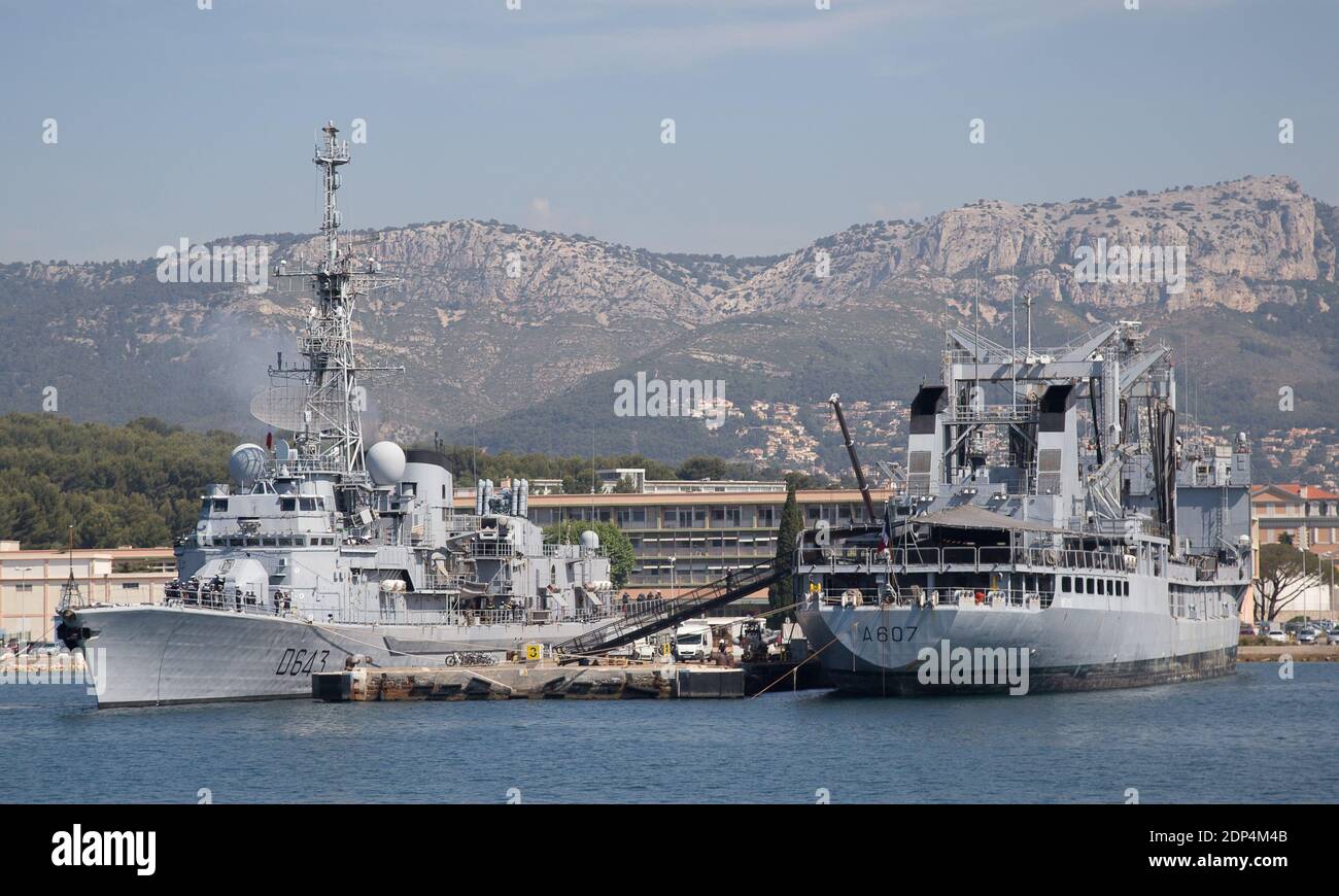French Navy ships are moored in the military harbor of Toulon, southern ...