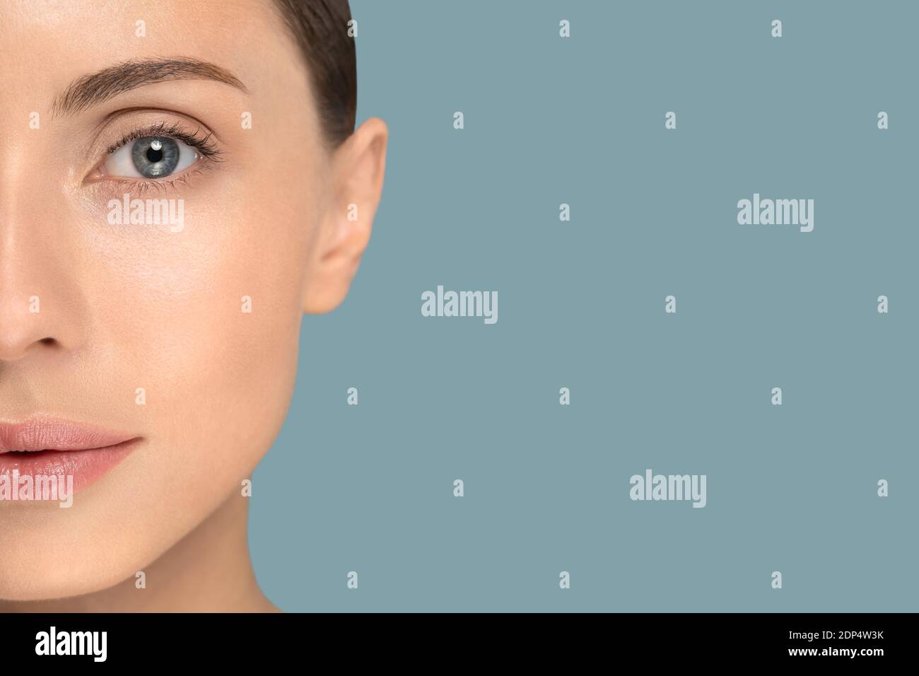 Close up of woman face with perfect fresh clean skin without make up ...