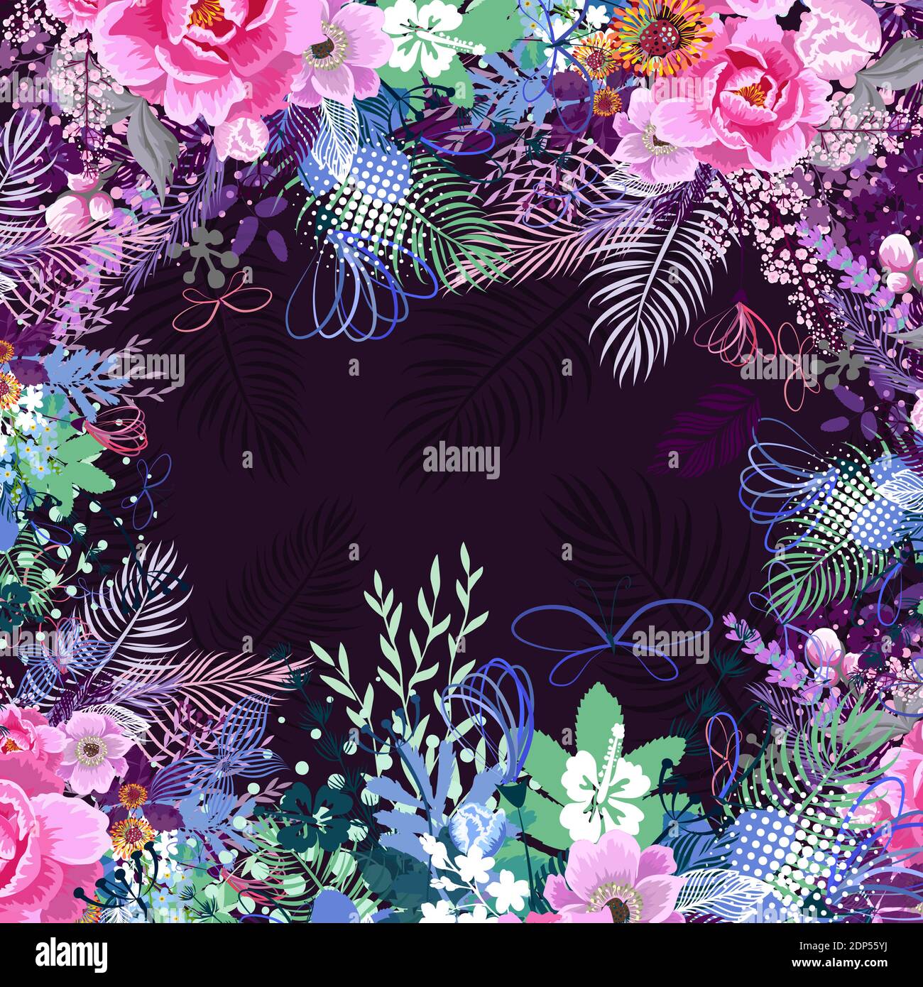Beautiful floral frame with different flowers. Vector illustration ...