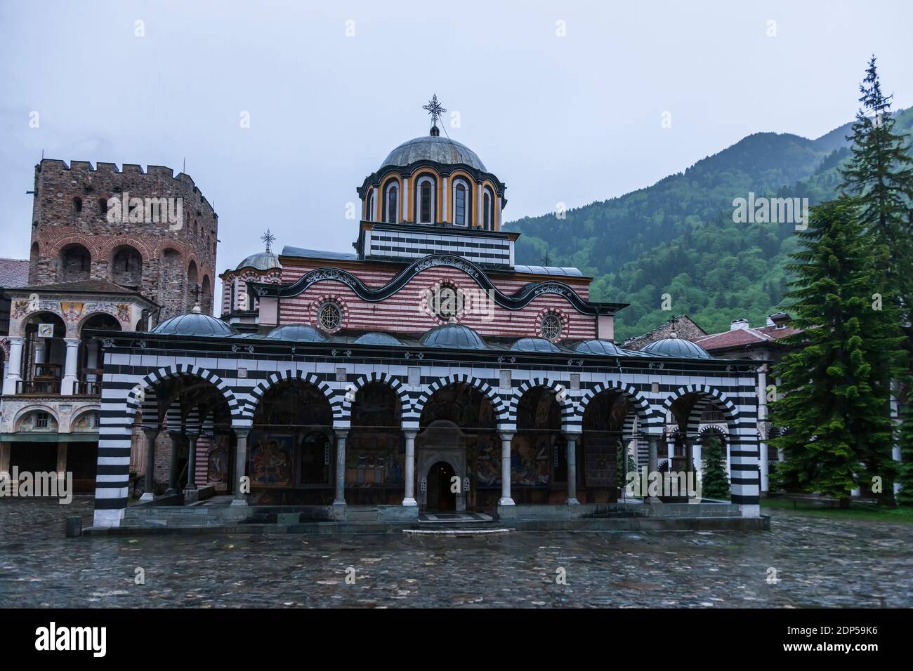 Rila Monastery in the rain, Monastery of Saint Ivan of Rila, courtyard ...