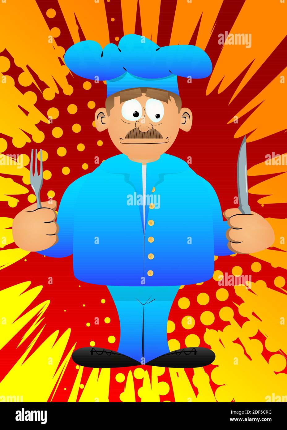 Fat male cartoon chef in uniform holding up a knife and fork. Vector ...