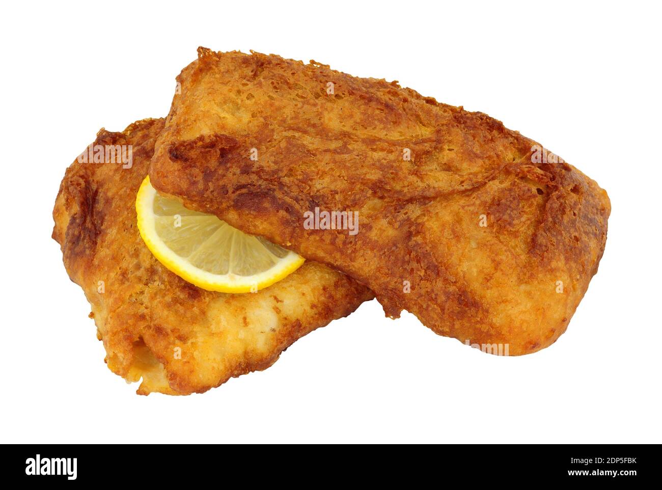 Two fried beer battered cod fish fillets isolated on a white background ...