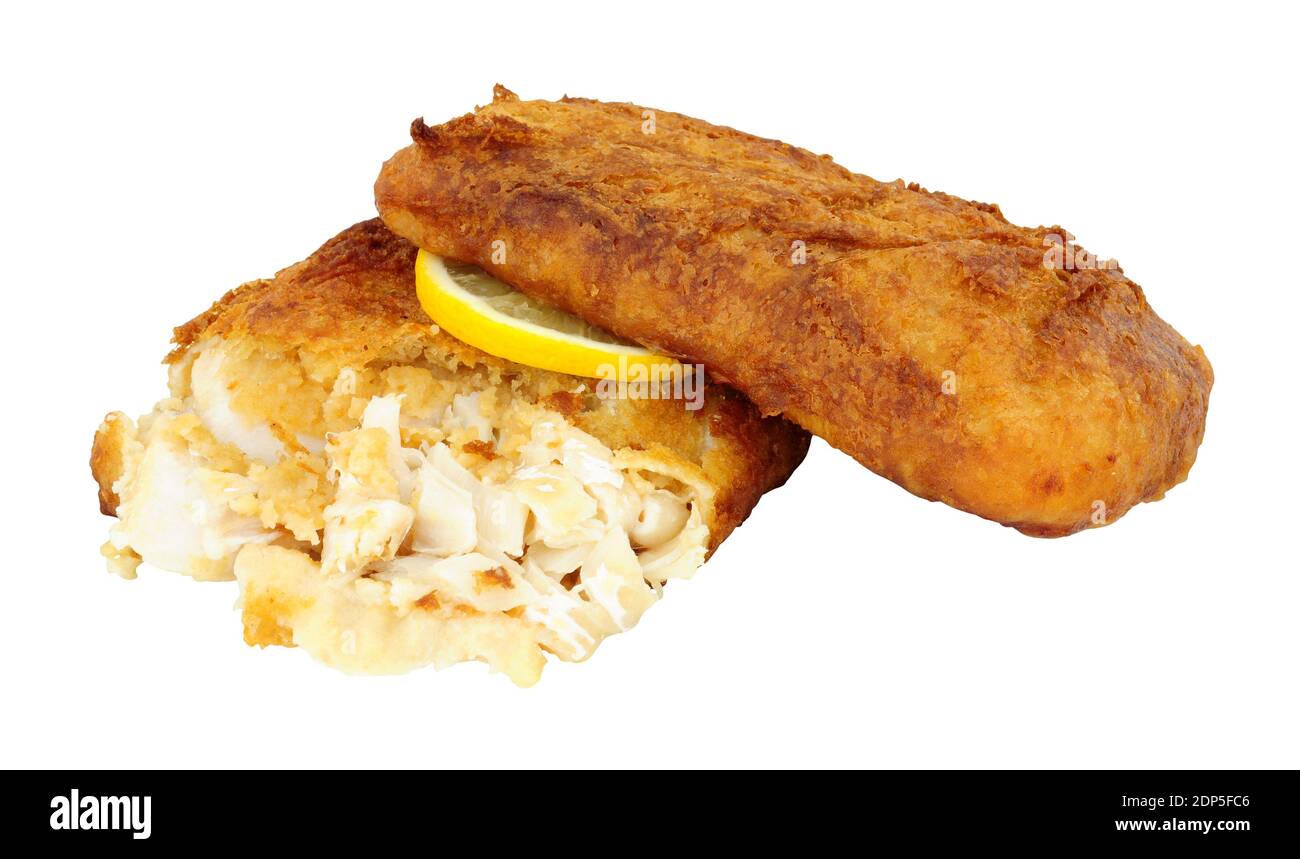 Two fried beer battered cod fish fillets isolated on a white background ...