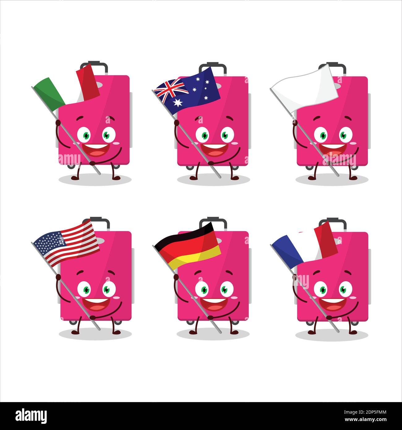 Pink Lugage Cartoon Character Bring The Flags Of Various Countries