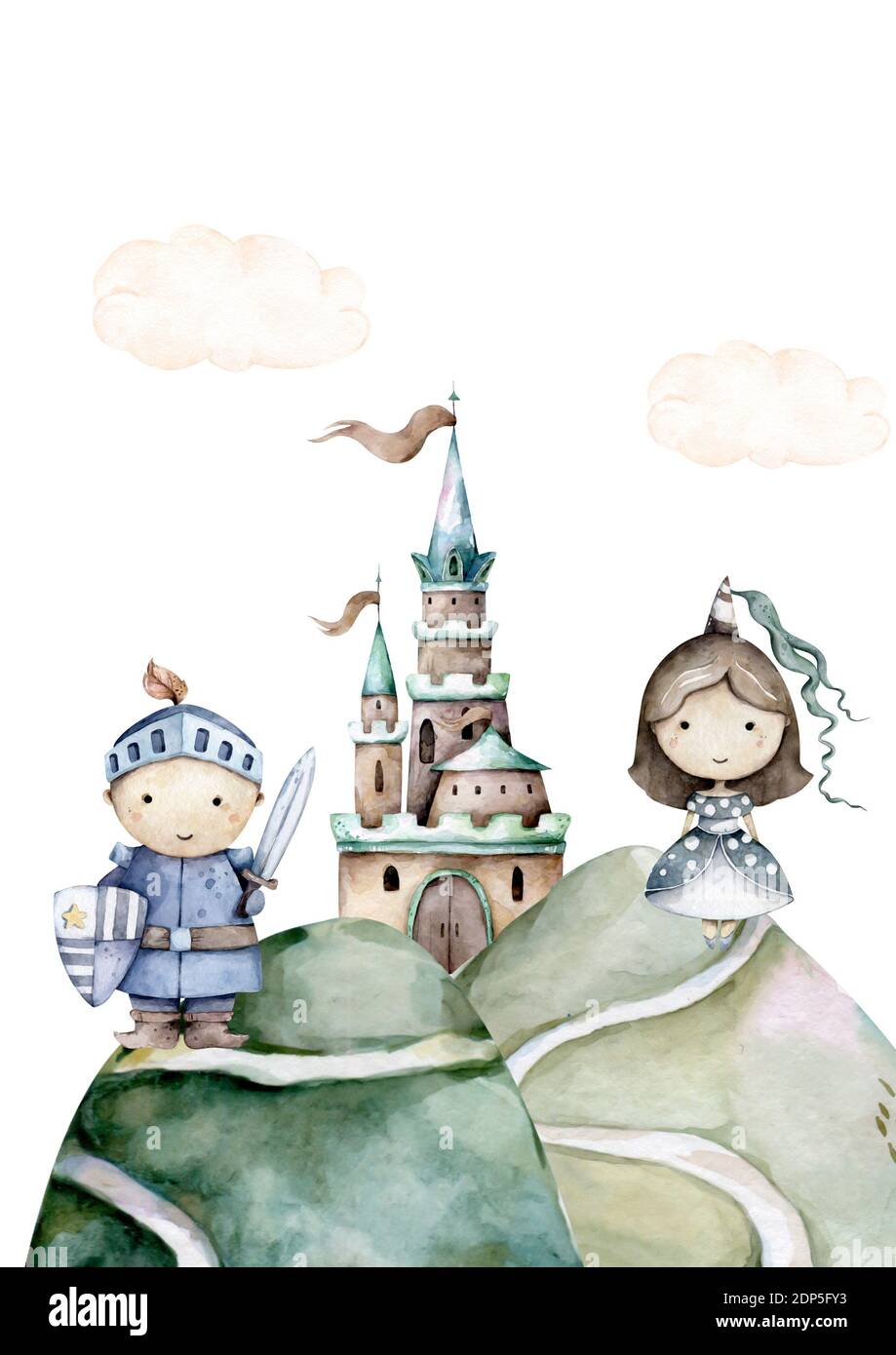 The knight brave cute princess on dragon. Hand drawn watercolor ...
