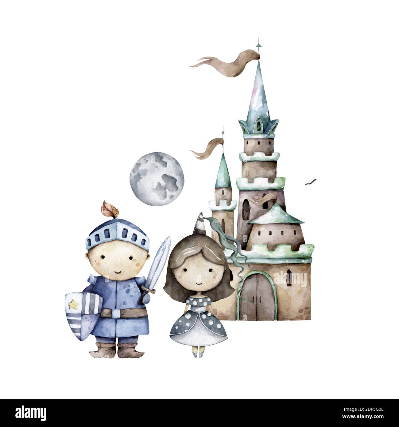 The little knight and cute princess around castle. Kid Adventure Hand ...