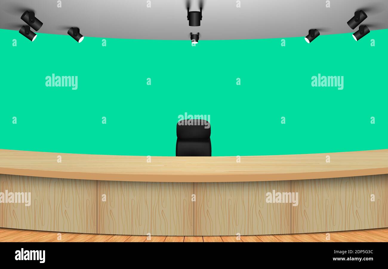 wooden table in news studio room with the green background Stock Vector ...
