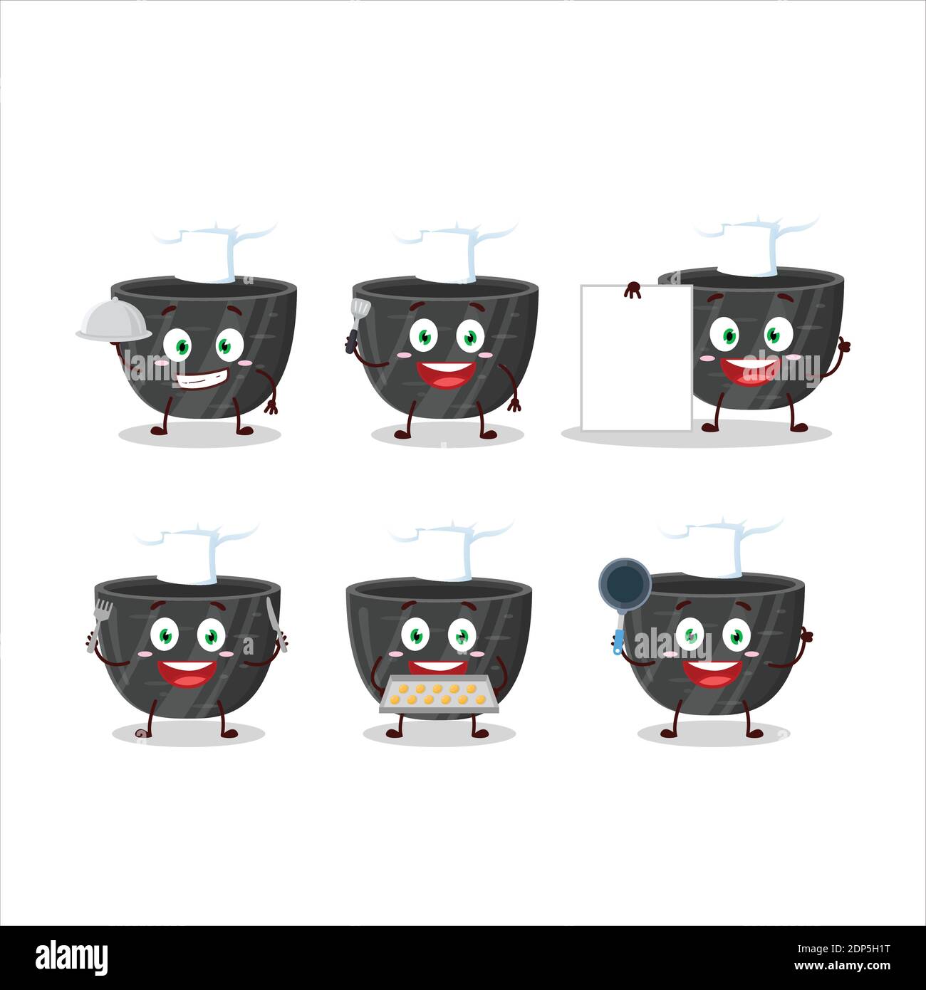 Cartoon character of black ceramic bowl with various chef emoticons ...