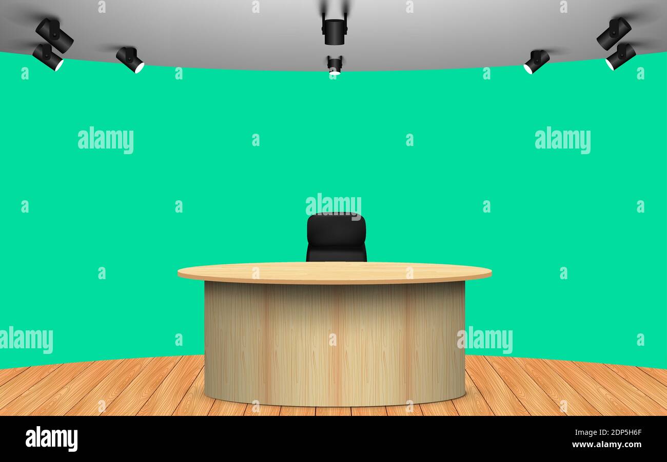 wooden table in news studio room with the green background Stock Vector ...