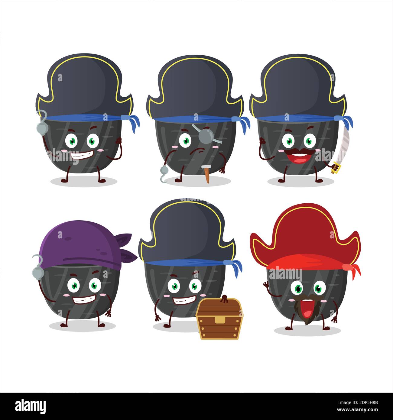 Cartoon character of black ceramic bowl with various pirates emoticons ...