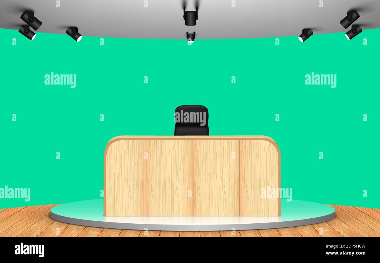 wooden table in news studio room with the green background Stock Vector ...