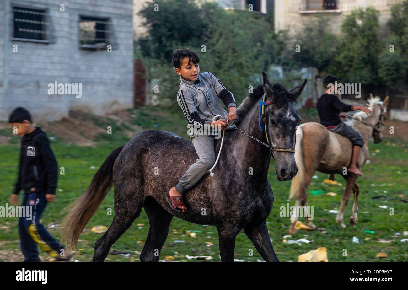 A Palestinian child riding a horse outside their home in Jabalia camp ...