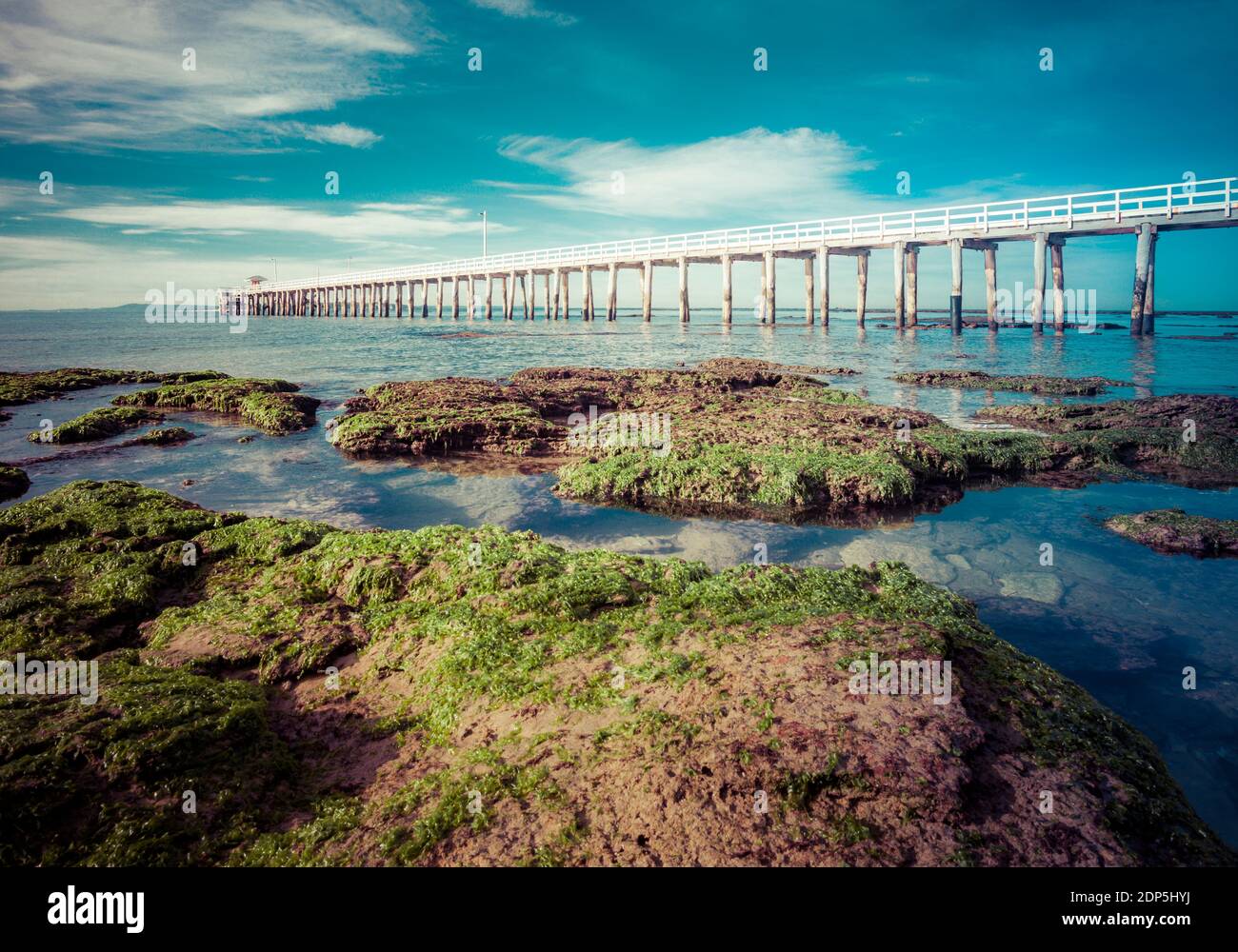 The rocky beach at the Point Lonsdale Pier, at the entrance to Port ...