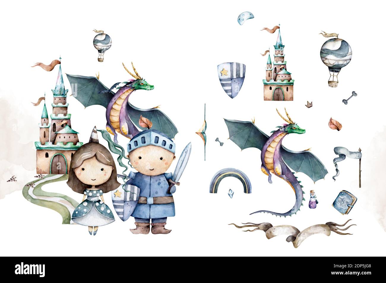 The little knight and cute princess around castle. Kid set Adventure ...