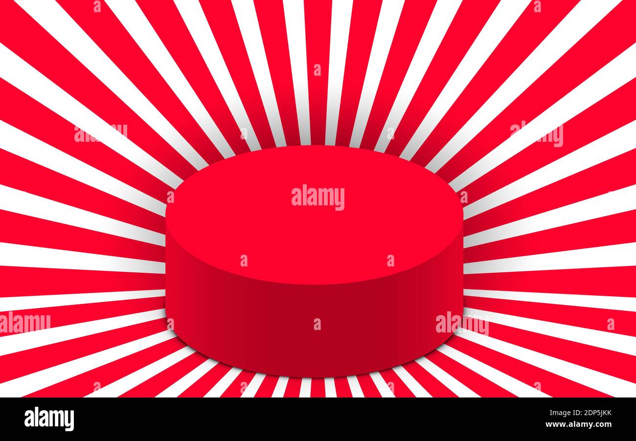 red showcase podium with colorful paper background in the studio room ...