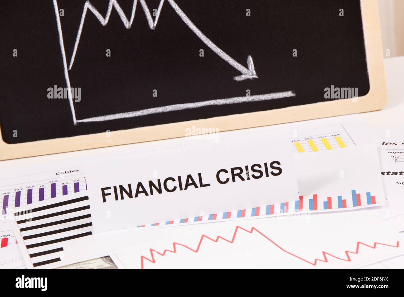 Inscription financial crisis, currencies dollar and declining chart as ...
