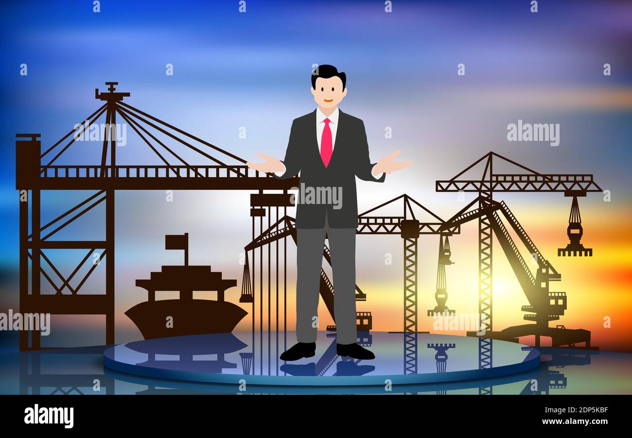 broadcaster on the blue stand with port in the morning background in ...