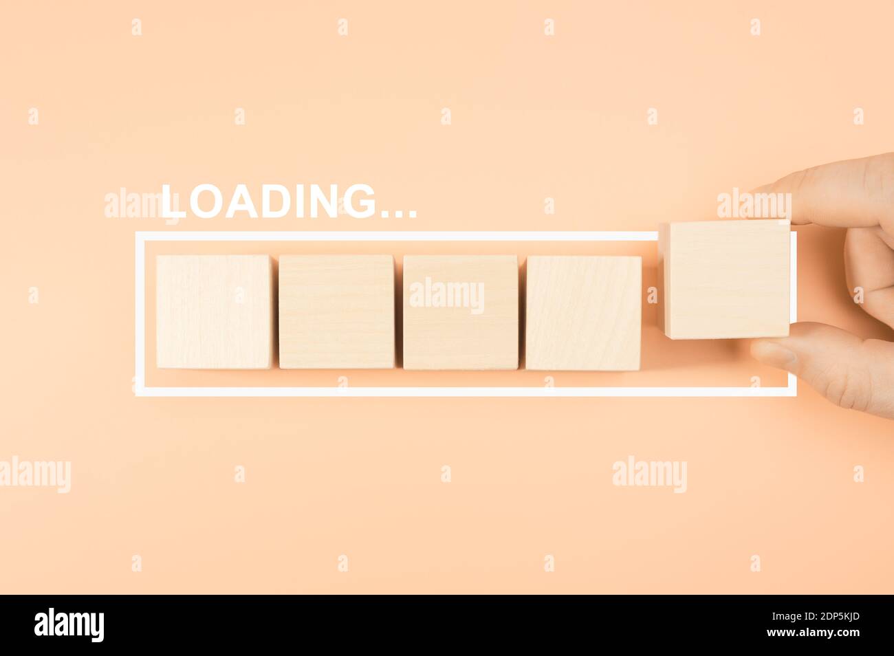 Loading bar with wood cube on pastel background. Wooden blocks with the ...