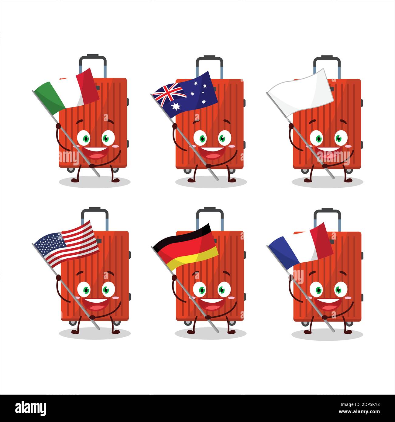 Red Lugage Cartoon Character Bring The Flags Of Various Countries