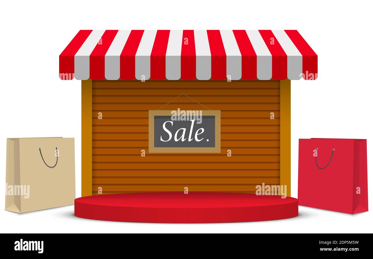 red podium with red shop background in the white studio room Stock ...