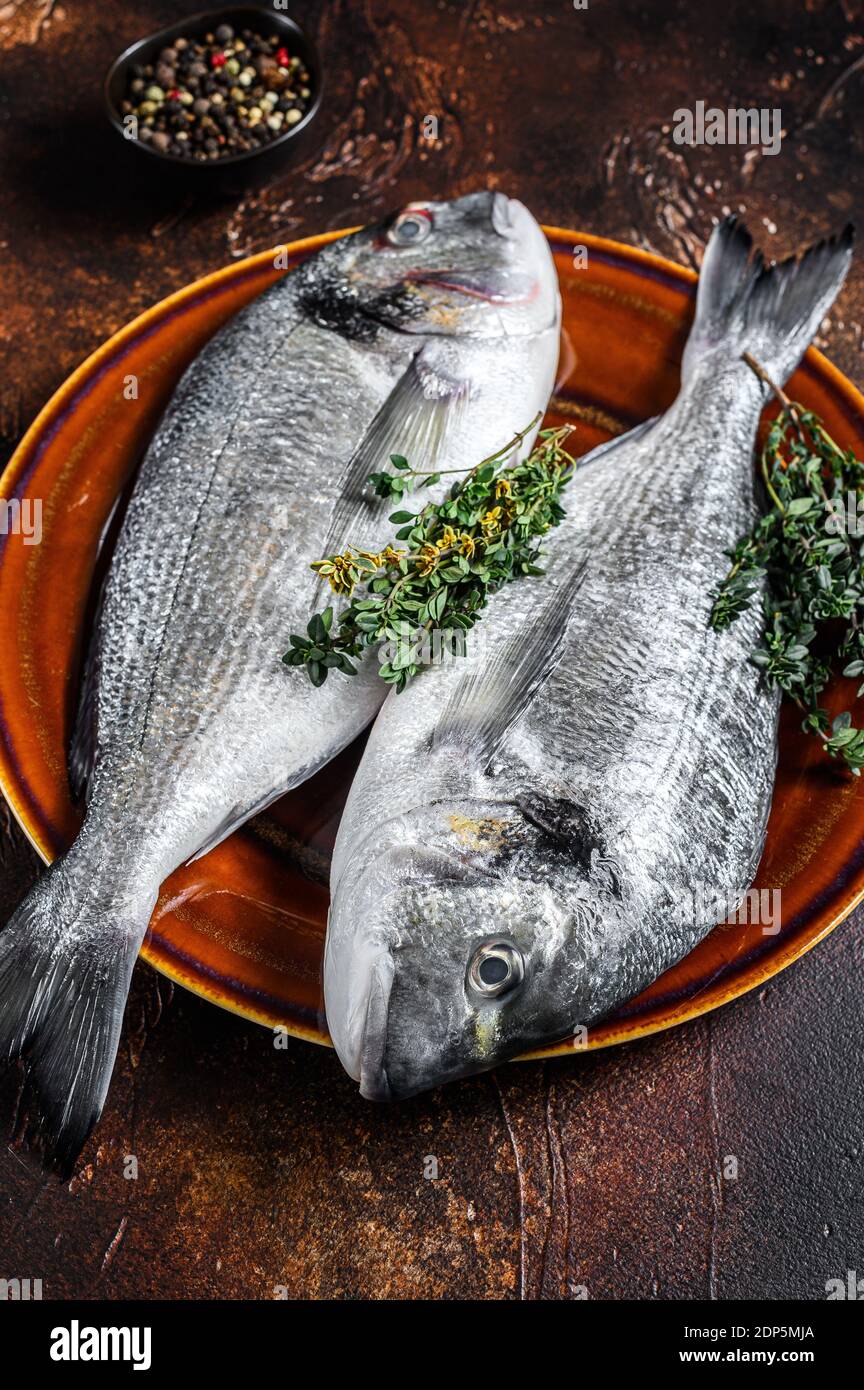 Raw Sea bream fish and ingredients for cooking. Dark background. Top ...