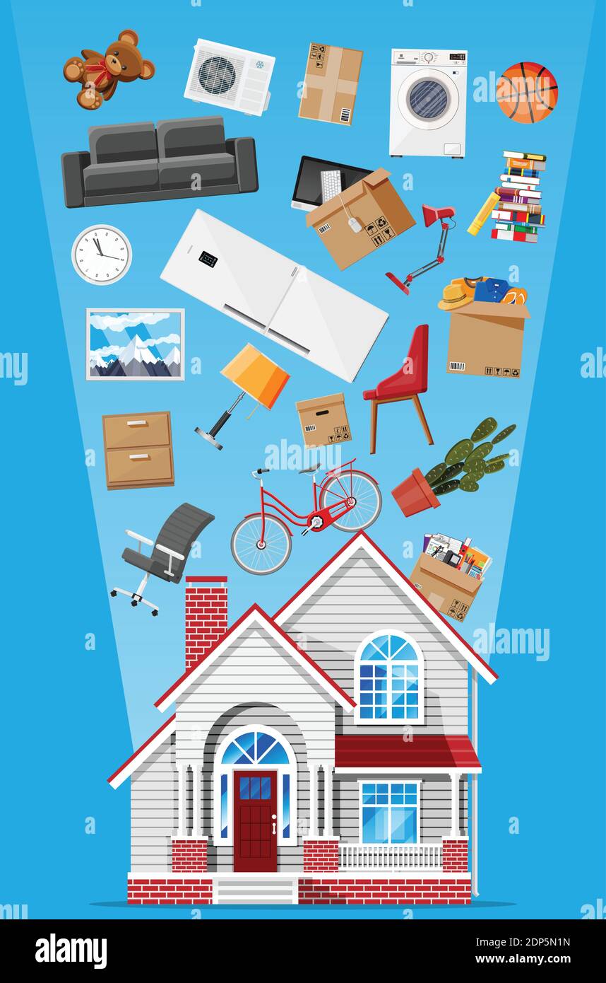 Wooden building full of home stuff inside. Moving to new house. Family ...