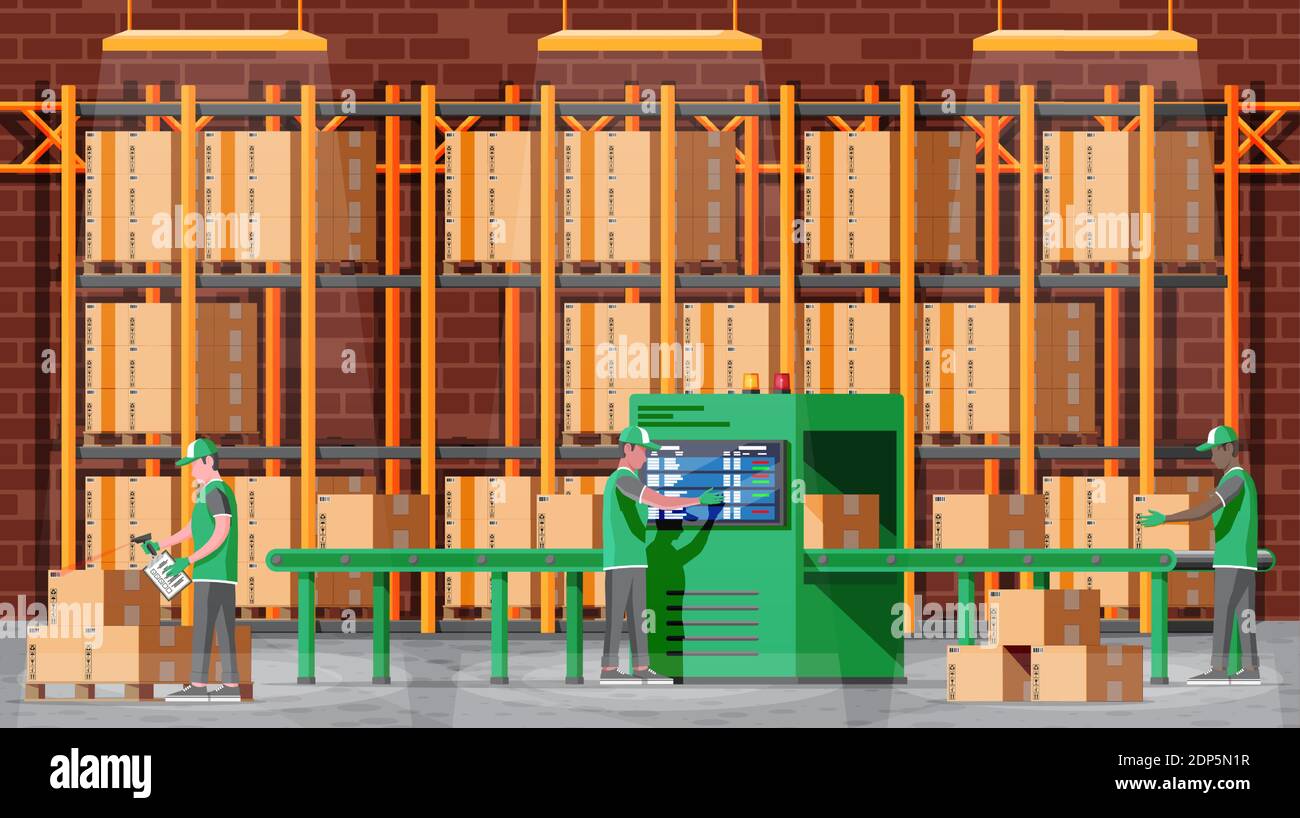 Conveyor belt machine concept in warehouse. Modern factory equipment ...