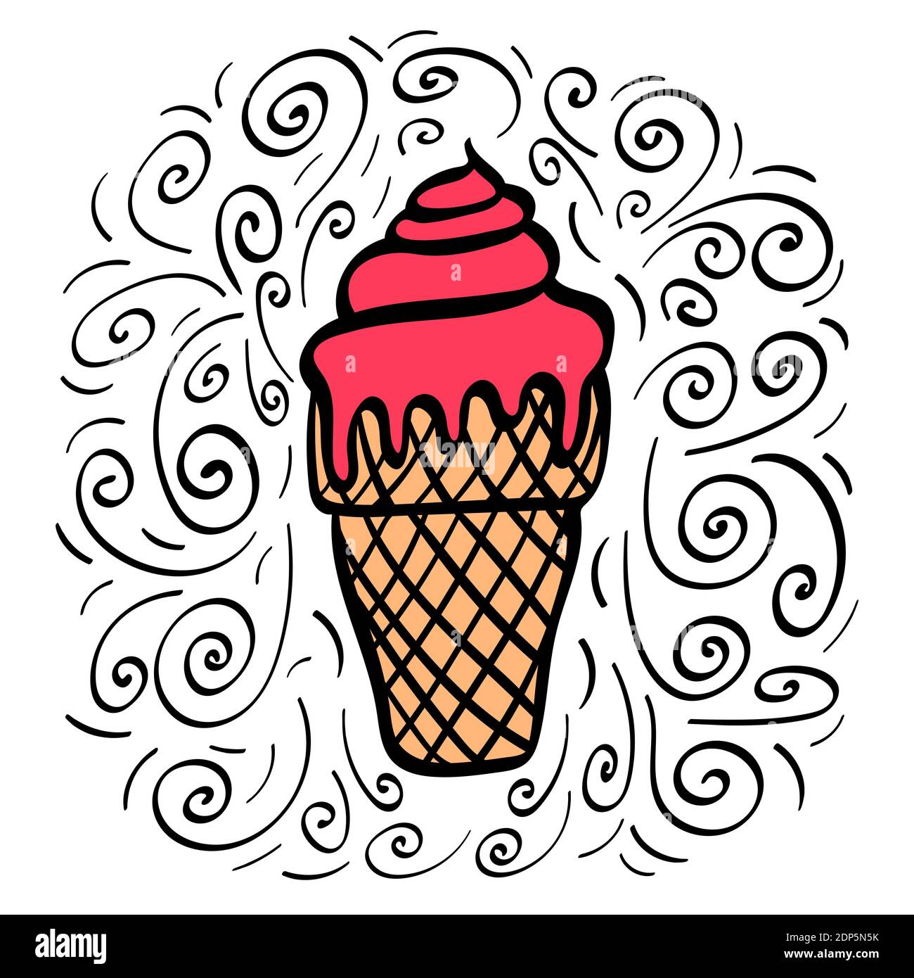 Hand Drawn Strawberry Ice Cream With Decoration Vector Illustration