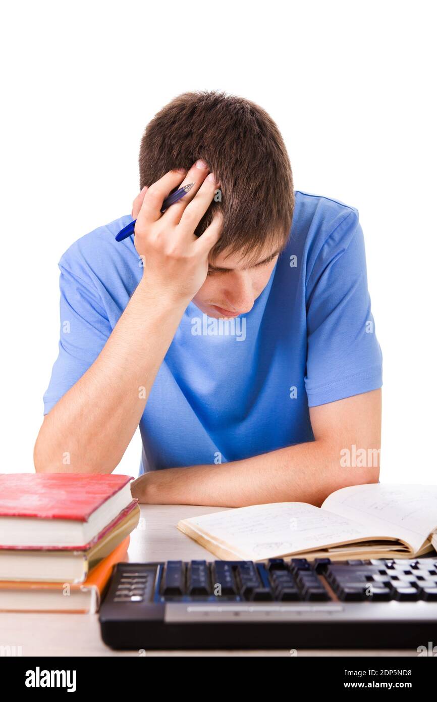 Tired and Troubled Student at the Writing Table on the White Background ...