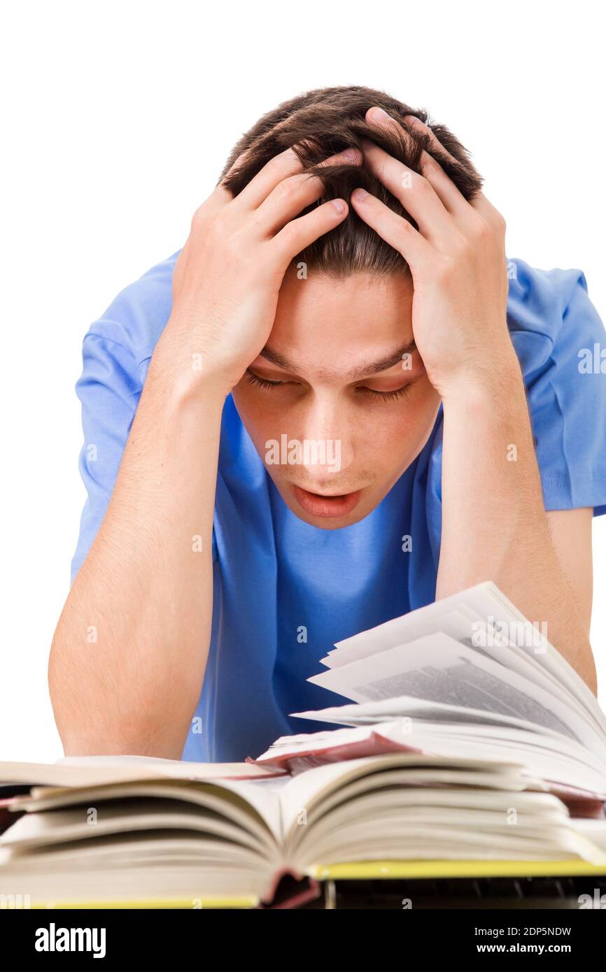 Troubled Student with a Books on the Desk on the White Background Stock ...