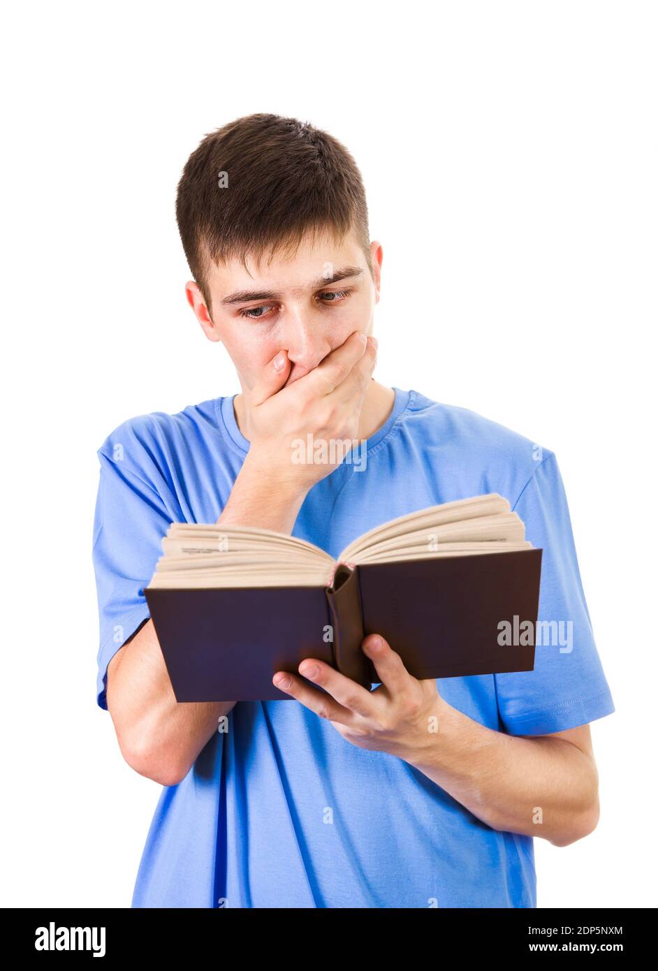 Surprised Young Man read a Book Isolated on the White Background Stock ...