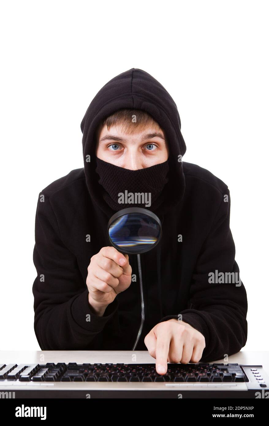 Hacker with a Computer Keyboard and Magnifying Glass Isolated on the ...