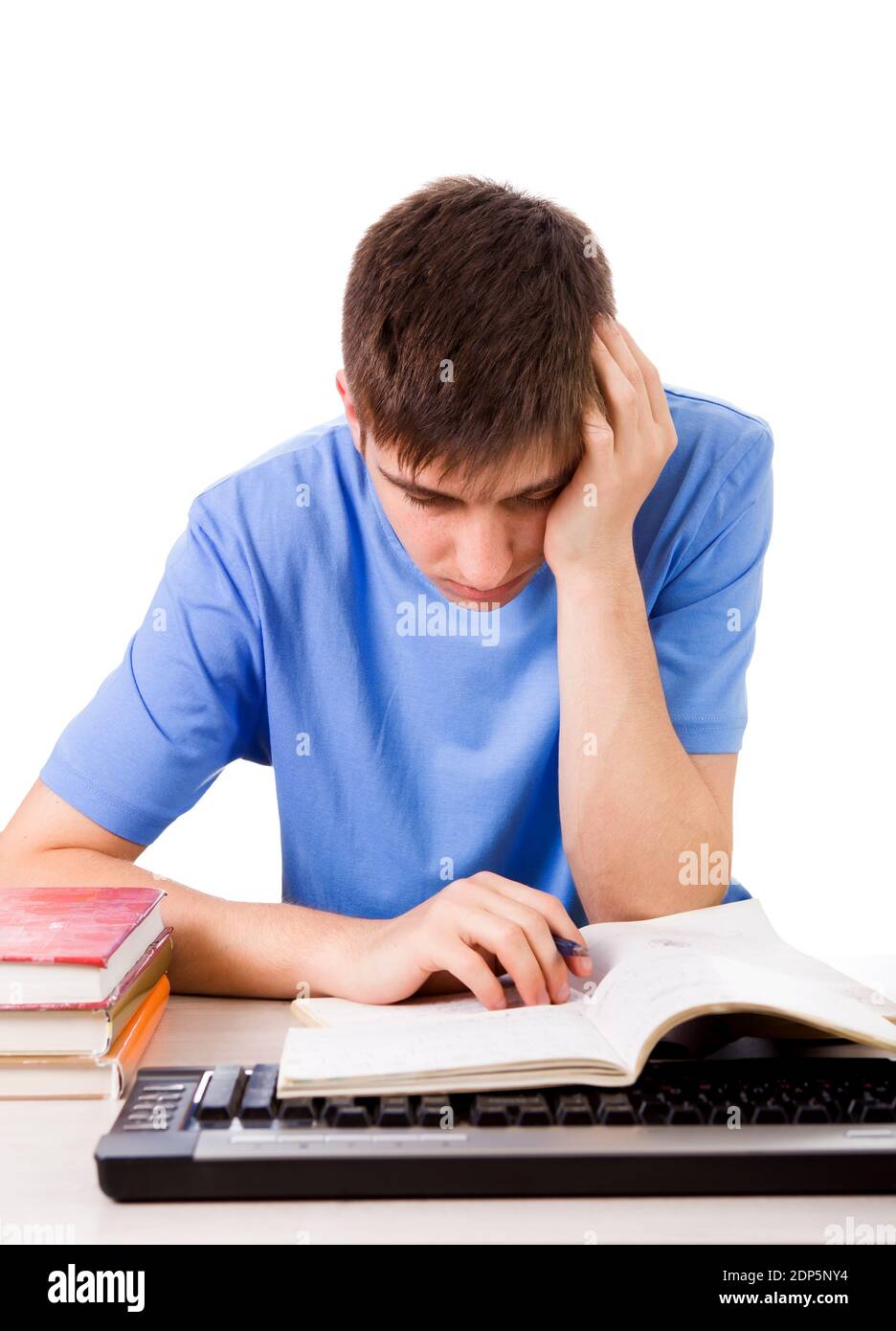 Troubled Student at the Writing Table on the White Background Stock ...