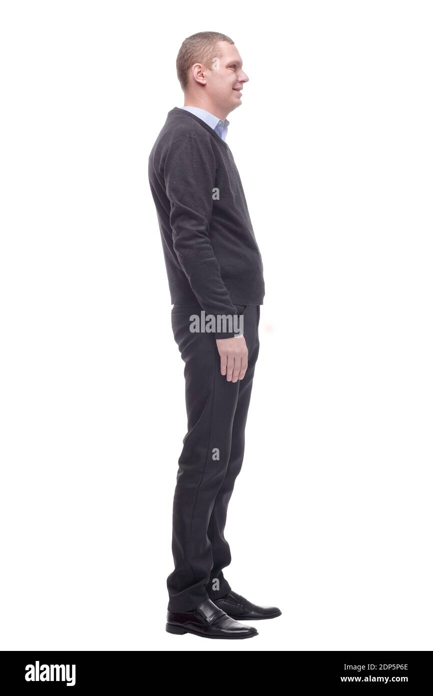 Full length profile portrait of a man standing on white background ...