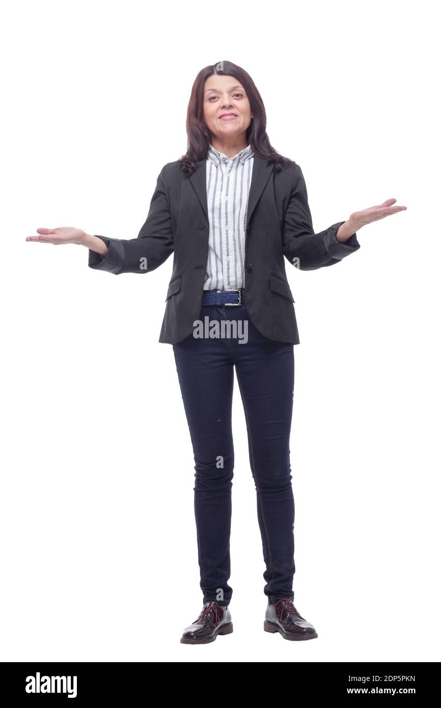 Woman smiling hands open palm Cut Out Stock Images & Pictures - Alamy