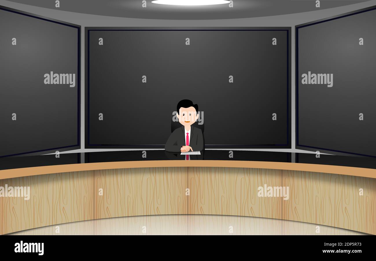 broadcaster on the white table and lcd background in the news studio ...