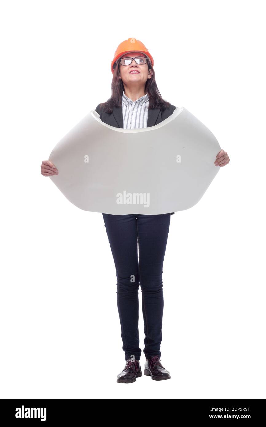 Woman holding engineering blueprint isolated on white Stock Photo - Alamy
