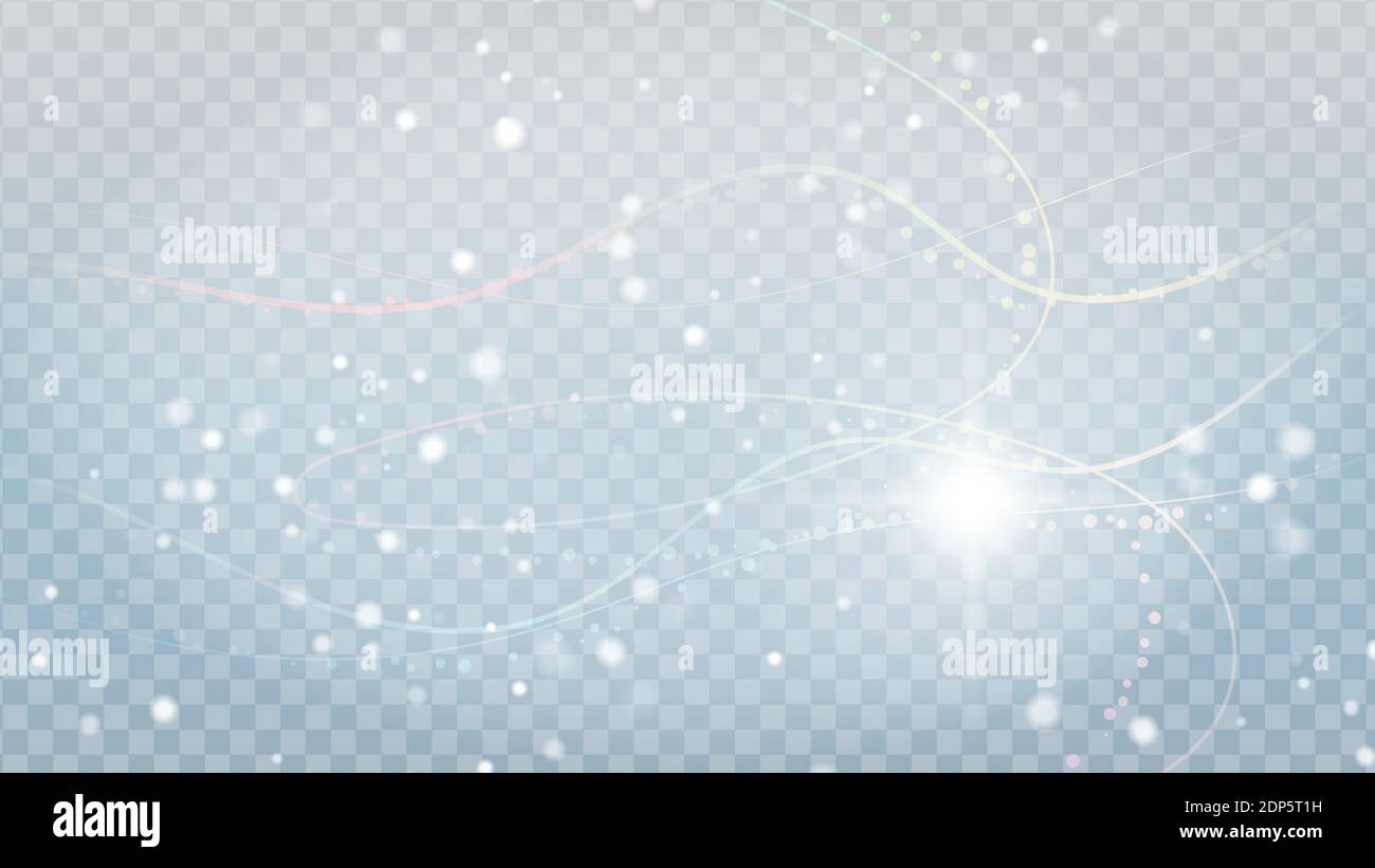 Glowing lights and lines on a transparent background. Airborne particle ...
