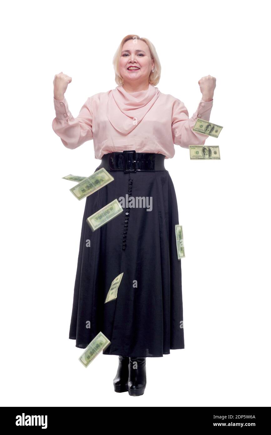 Portrait of woman standing with open arms amidst falling money Stock ...
