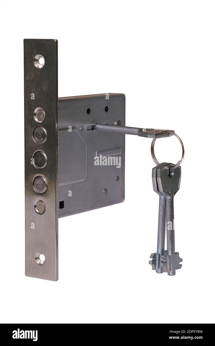 Metal door lock with keys isolated on white background Stock Photo - Alamy
