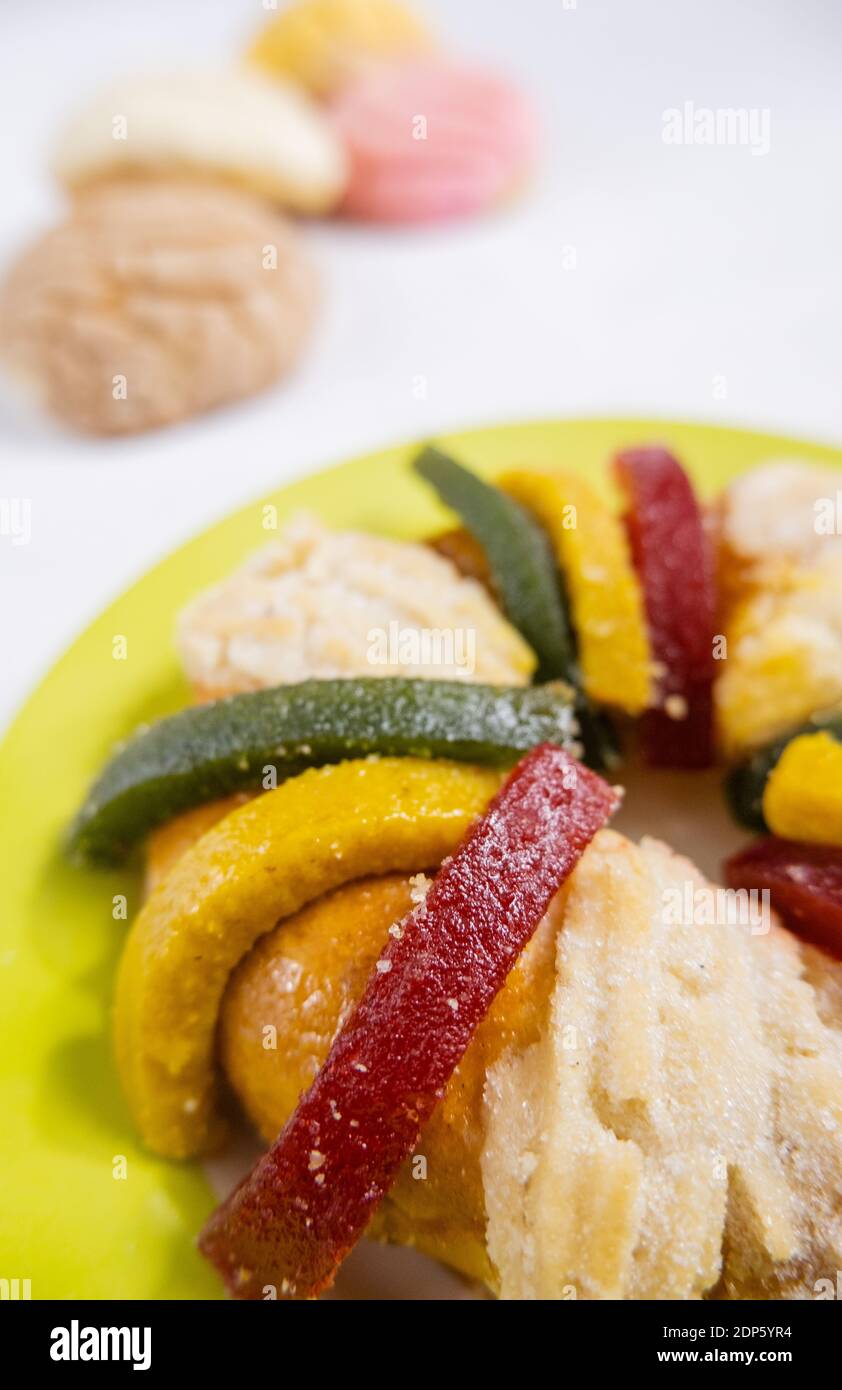 Colorful Mexican kings day bread on a white table Stock Photo - Alamy