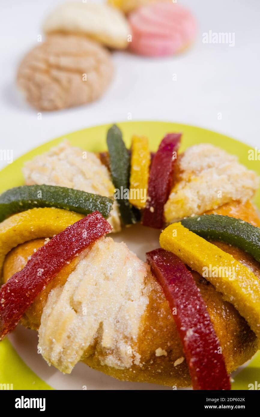 Colorful Mexican kings day bread on a white table Stock Photo - Alamy