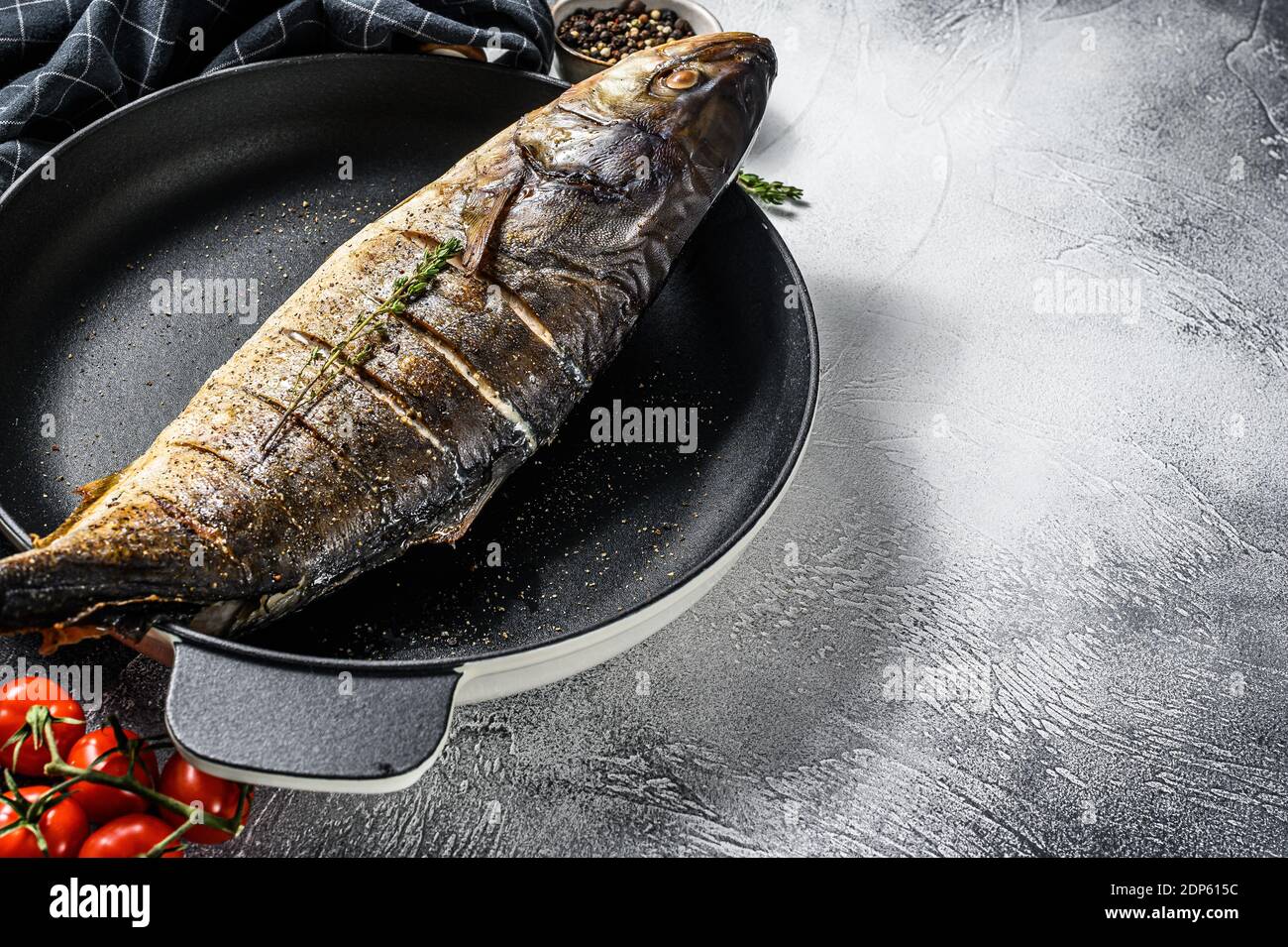 Baked Yellowtail, Japanese amberjack in a pan. Gray background. Top ...