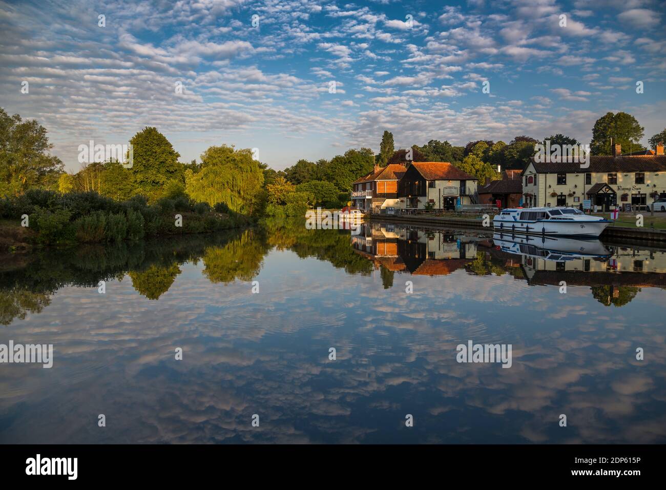Boats on River Bure at Coltishall at daybreak, Norfolk Broads, Norfolk ...