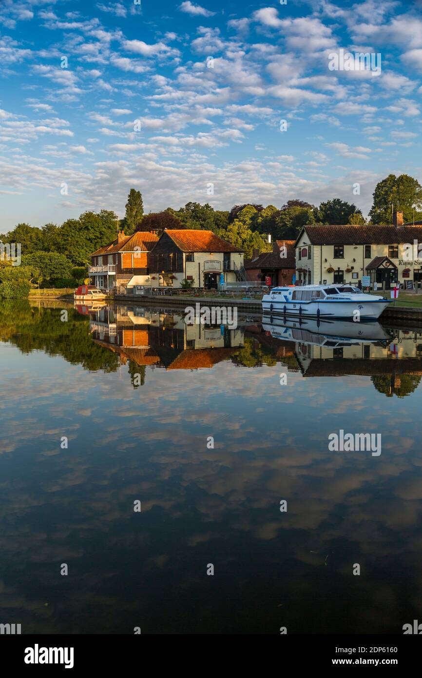Boats on River Bure at Coltishall at daybreak, Norfolk Broads, Norfolk ...