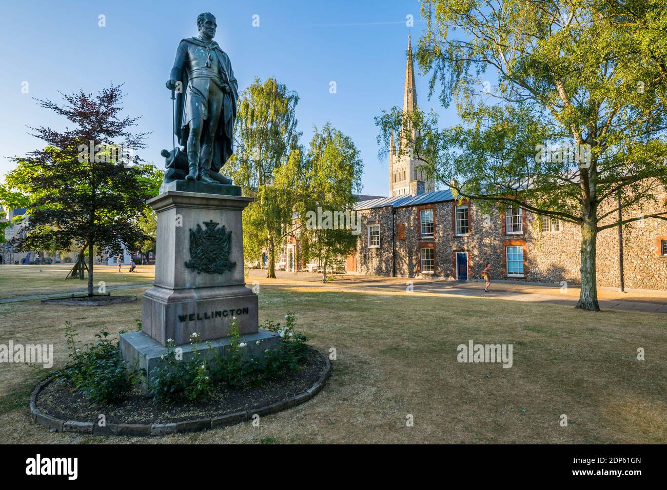 View of Wellington statue and Norwich Cathedral, Norfolk, England ...