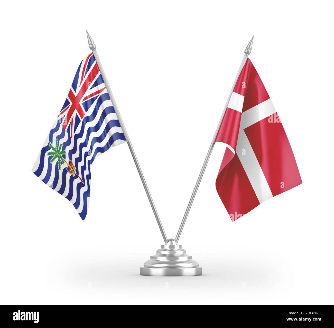 Denmark and British Indian Territory table flags isolated on white 3D ...