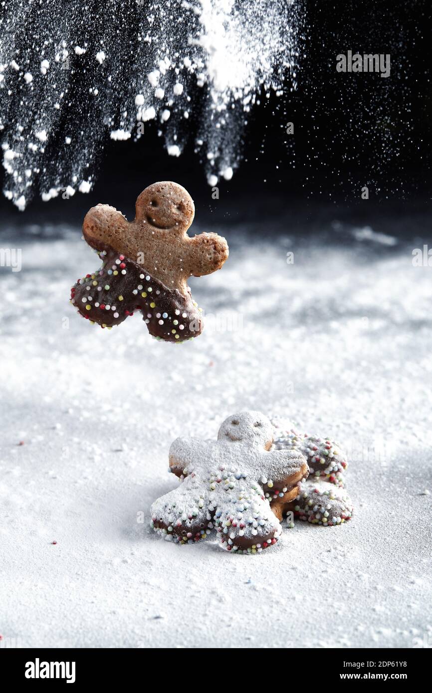 Two gingerbread man cookies with happy faces in snowy Christmas scene ...