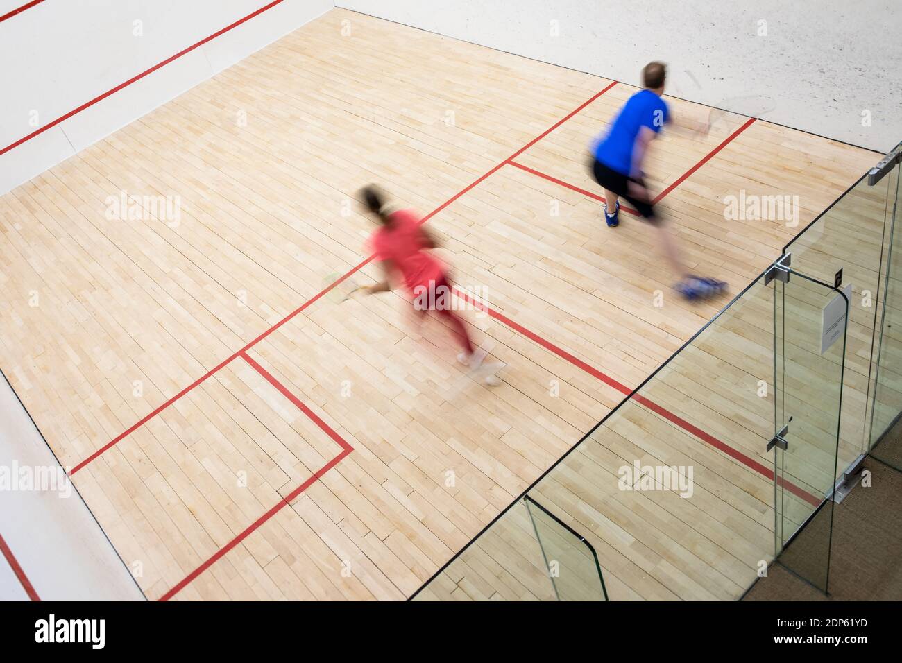 Squash players in action on a squash court (motion blurred image; color ...