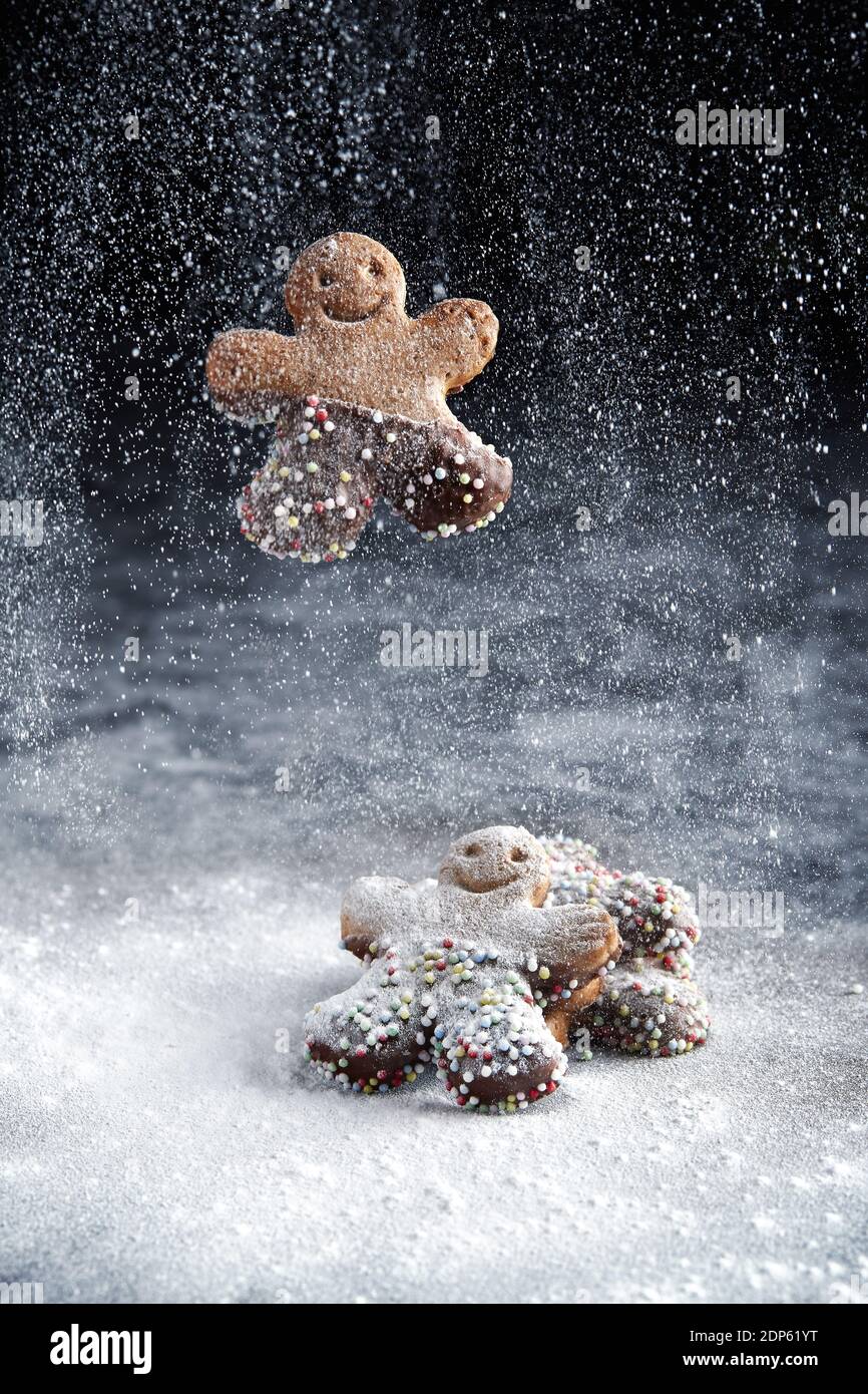 Two gingerbread man cookies with happy faces in snowy Christmas scene ...